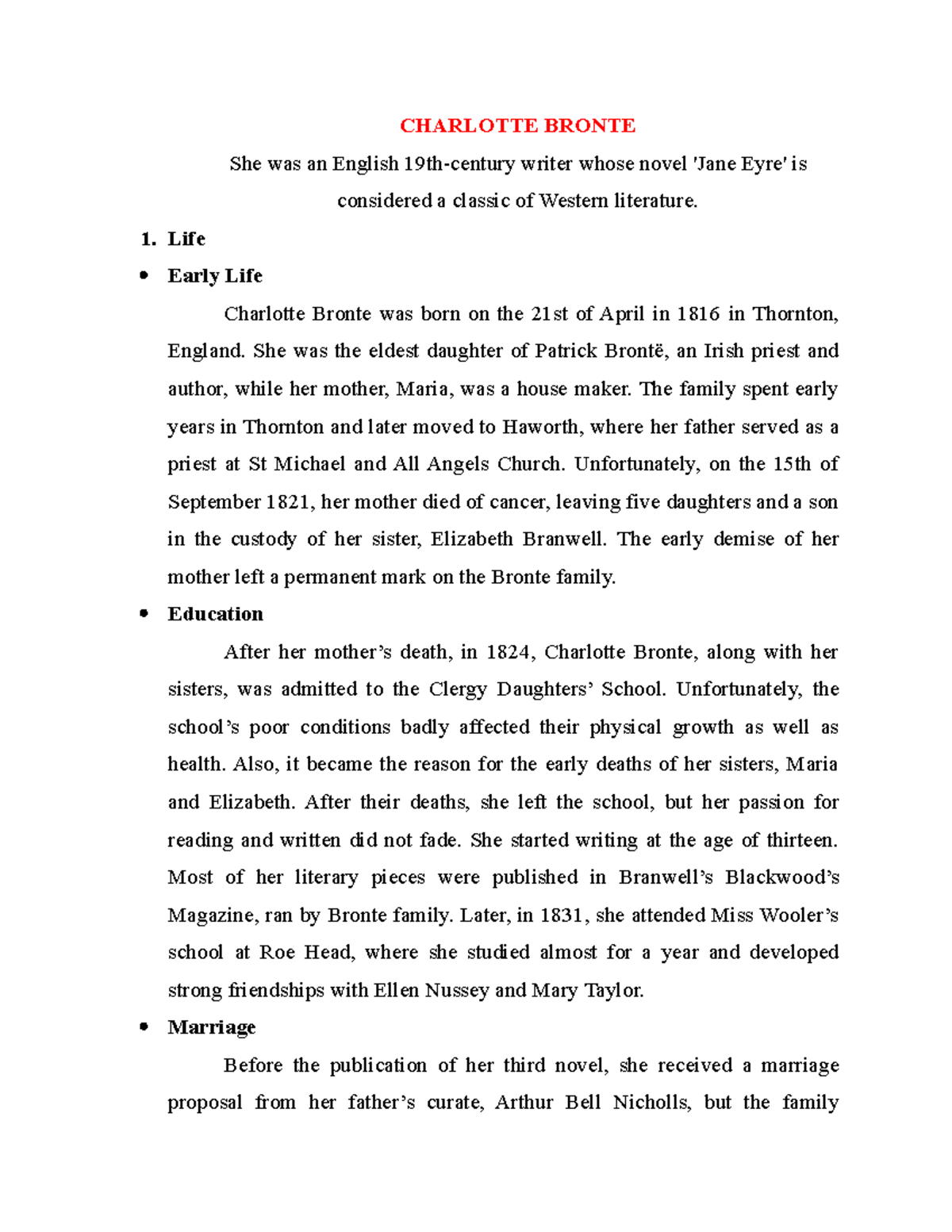 Charlotte Bronte - CHARLOTTE BRONTE She was an English 19th-century ...