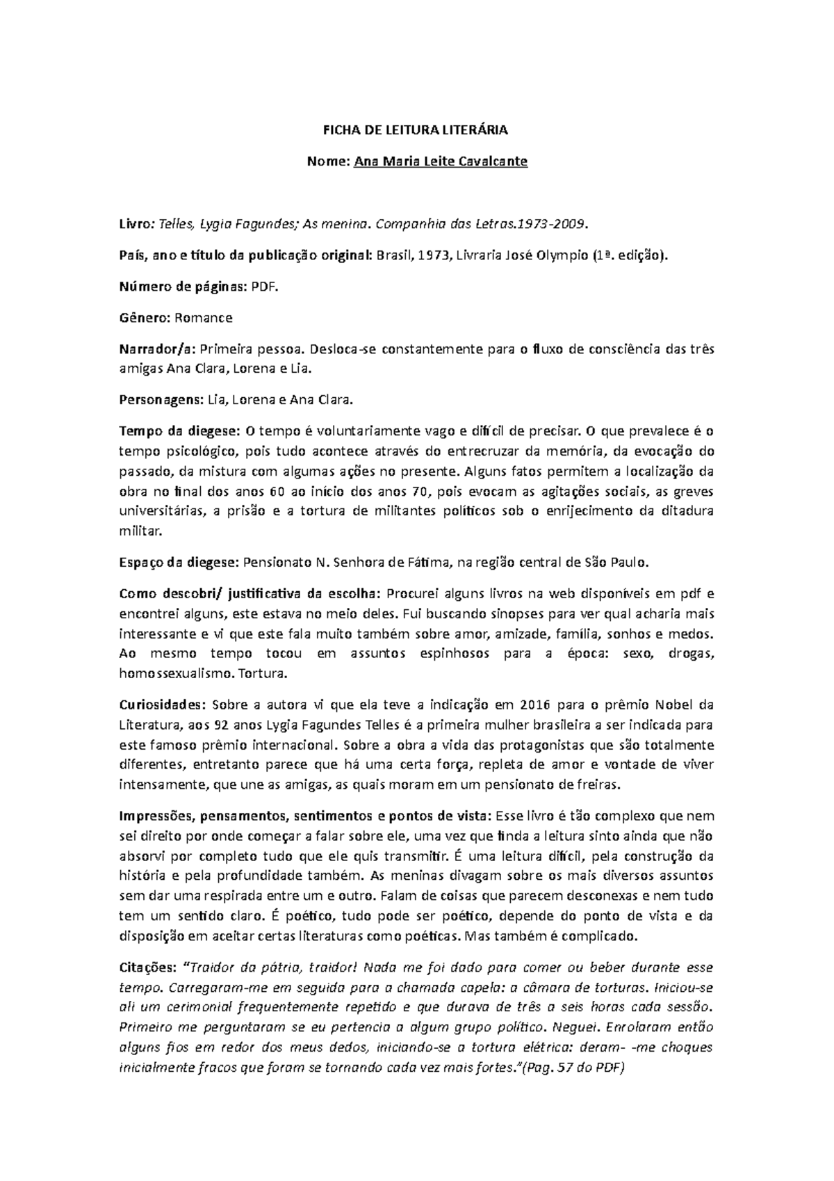 Ficha de leitra sobre o livro as meninas - FICHA DE LEITURA LITERÁRIA ...