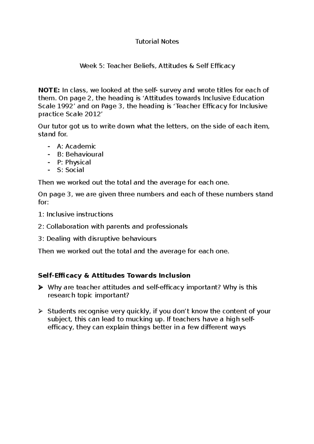 TEP245 T5 - Detailed tutorial notes - Tutorial Notes Week 5: Teacher ...