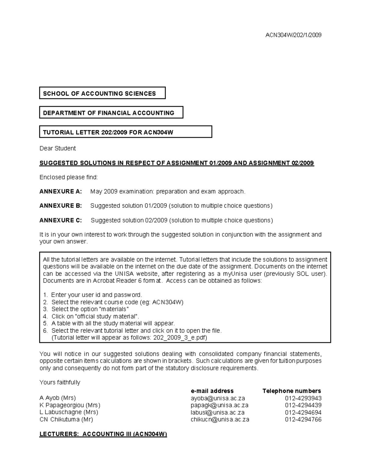 FAC3704-sol ass 1 2 2009 1 e1 - ACN304W/202/1/ SCHOOL OF ACCOUNTING ...