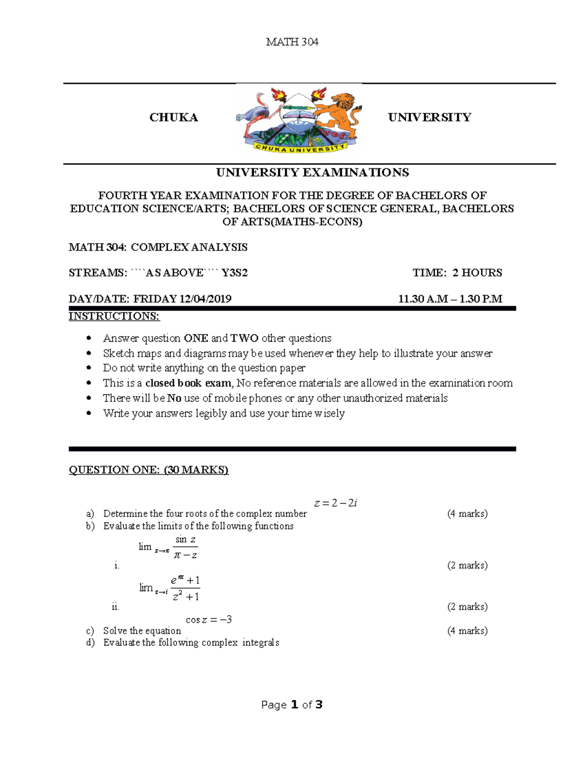 MATH 304 complex analysis - MATH 304 CHUKA UNIVERSITY UNIVERSITY EXAMINATIONS FOURTH YEAR - Studocu