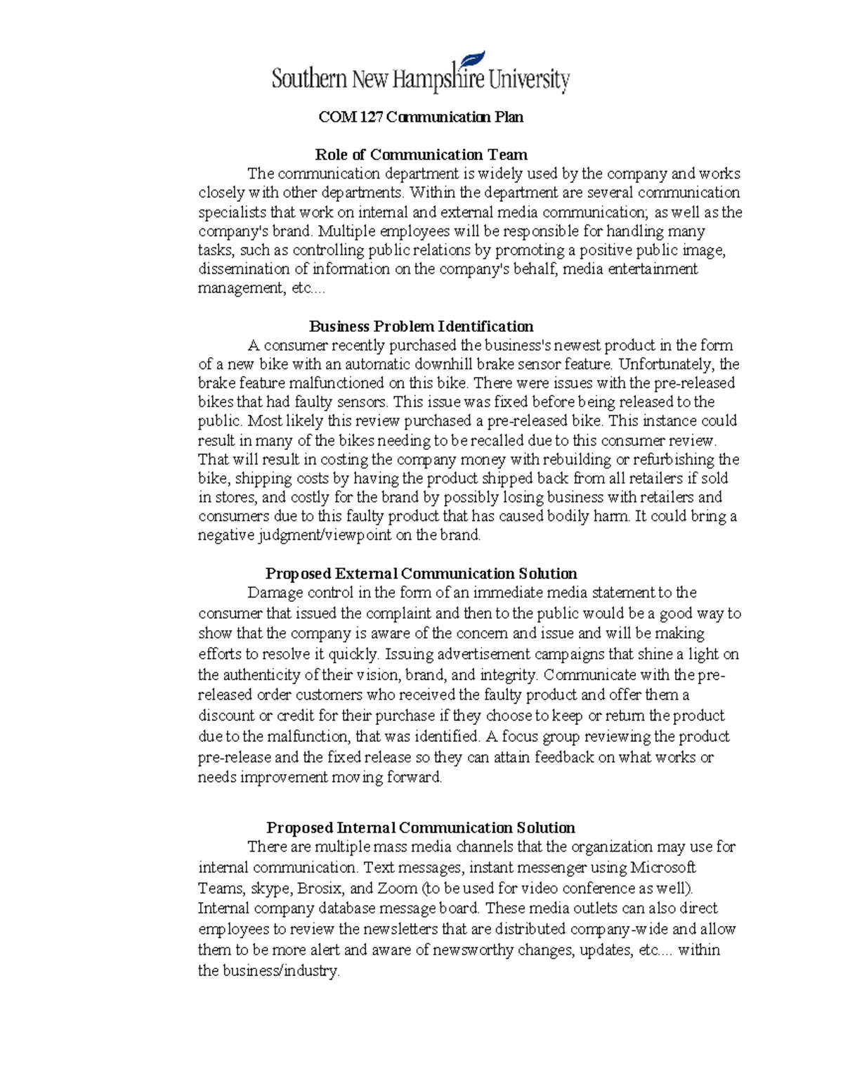 COM 127 Milestone 2 - COM 127 Communication Plan Role of Communication ...