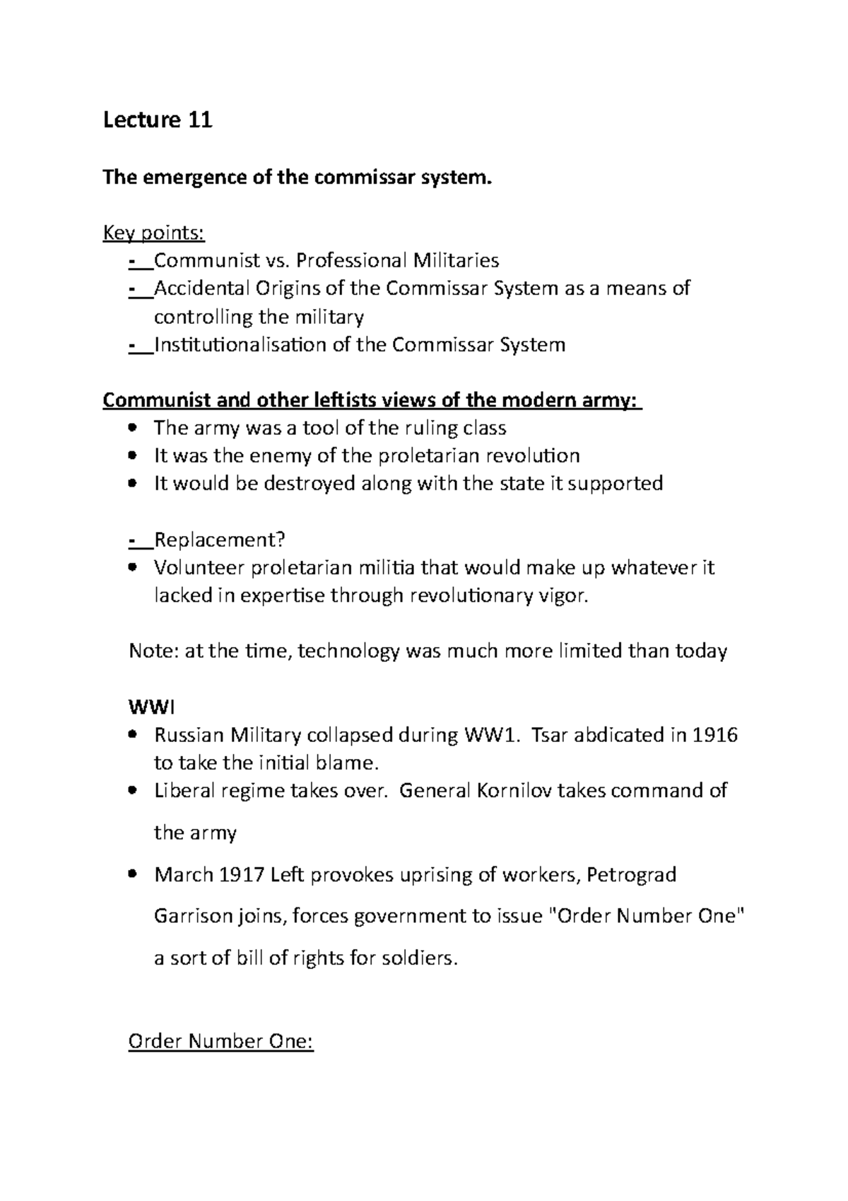 Lecture 11 - Lecture 11 The emergence of the commissar system. Key ...