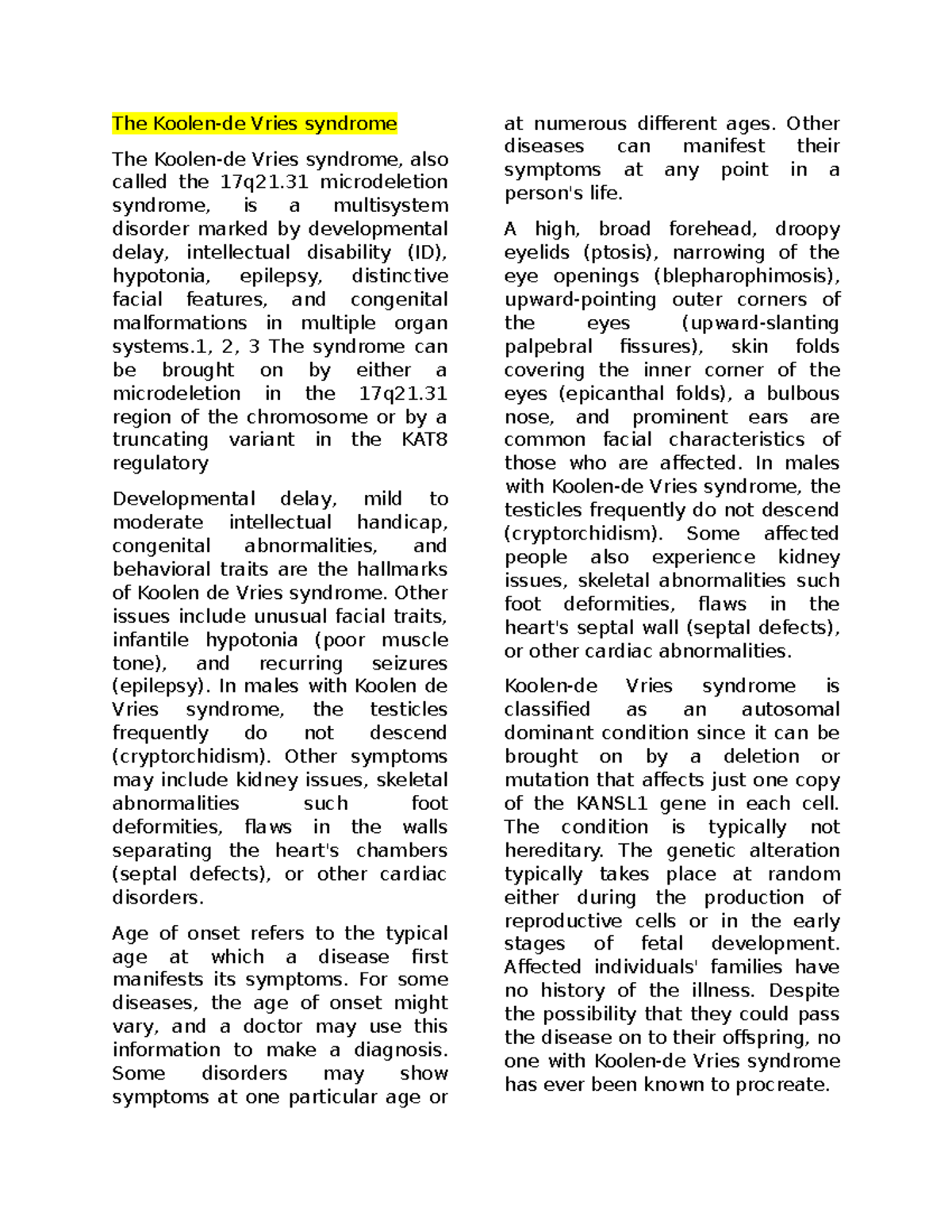 Koolen Syndrome - The Koolen-de Vries syndrome The Koolen-de Vries ...