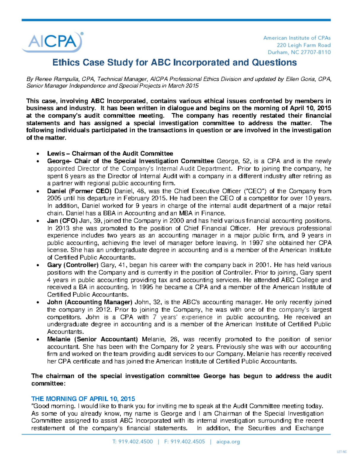 Aicpa CASE Study - hvykgku - Ethics Case Study for ABC Incorporated and ...