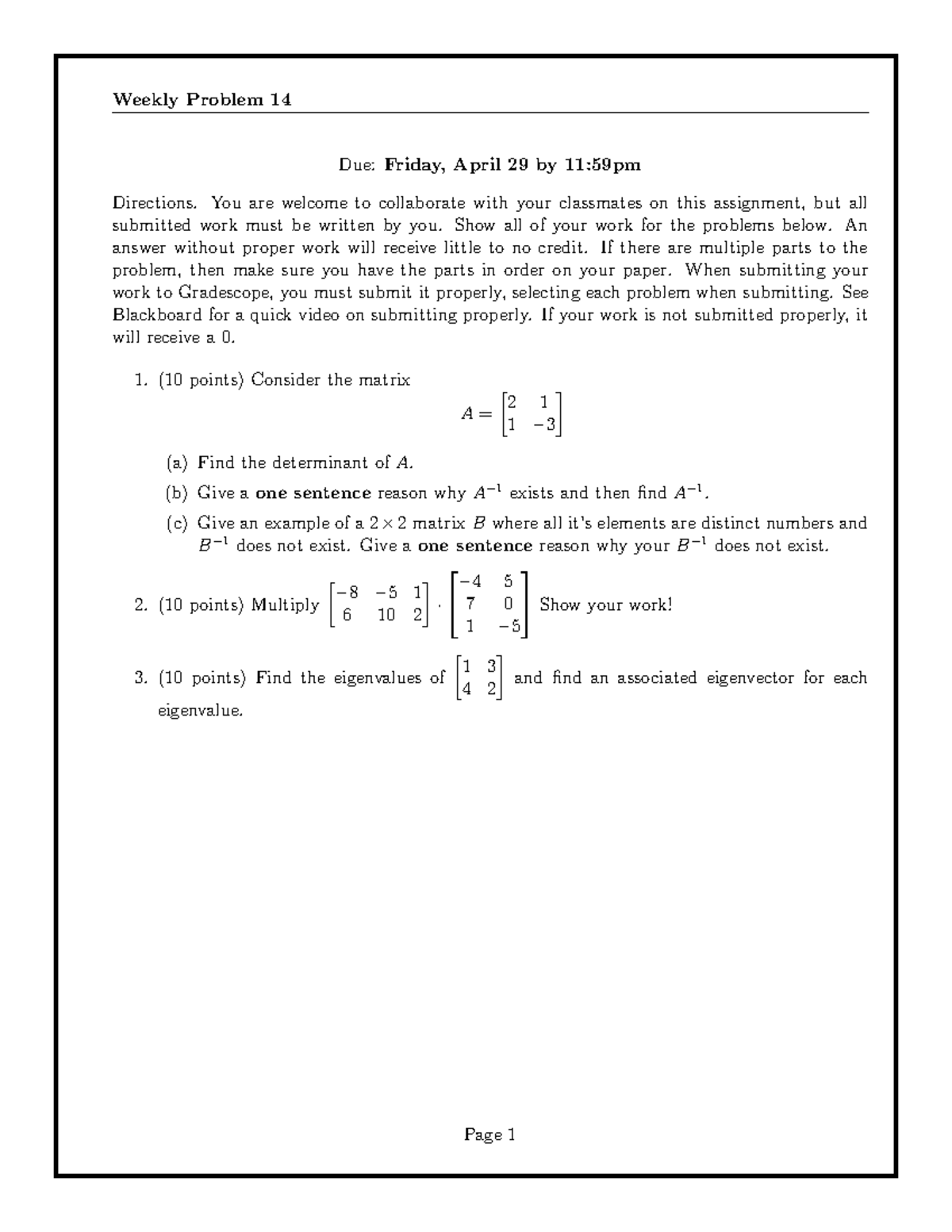 Wp14 - notes - Weekly Problem 14 Due: Friday, April 29 by 11:59pm ...