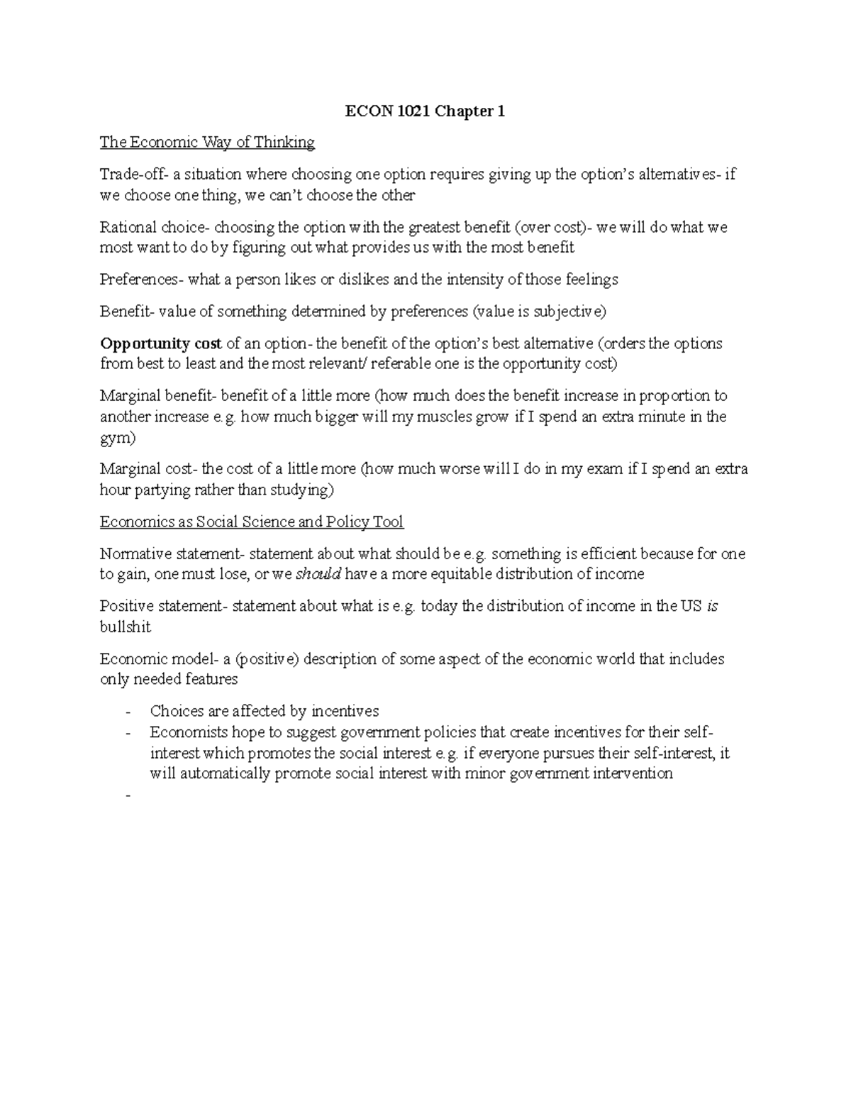 Econ Chapter 1 Lec Notes - ECON 1021 Chapter 1 The Economic Way of ...