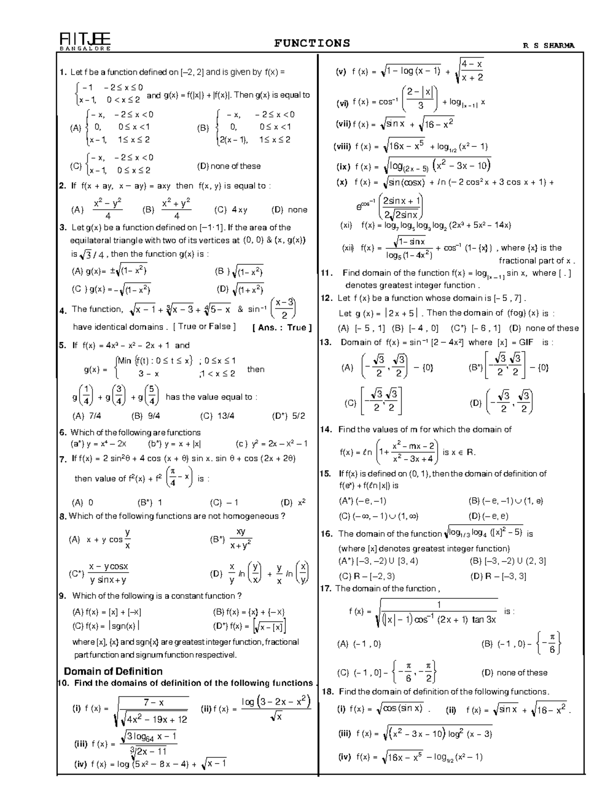 Functions(RS) - Functions revision - FIITJEE FUNCTIONS BANGALORE 1. Let f be a function defined ...
