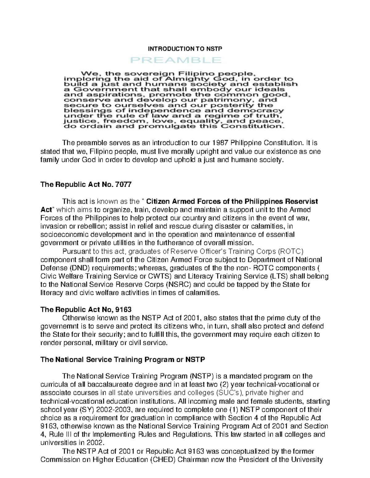 Introduction to NSTP - CWTS - INTRODUCTION TO NSTP The preamble serves ...