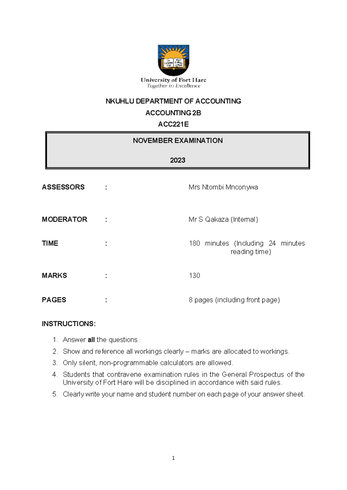 Exam QP 2023 - n/a - NKUHLU DEPARTMENT OF ACCOUNTING ACCOUNTING 2B ...