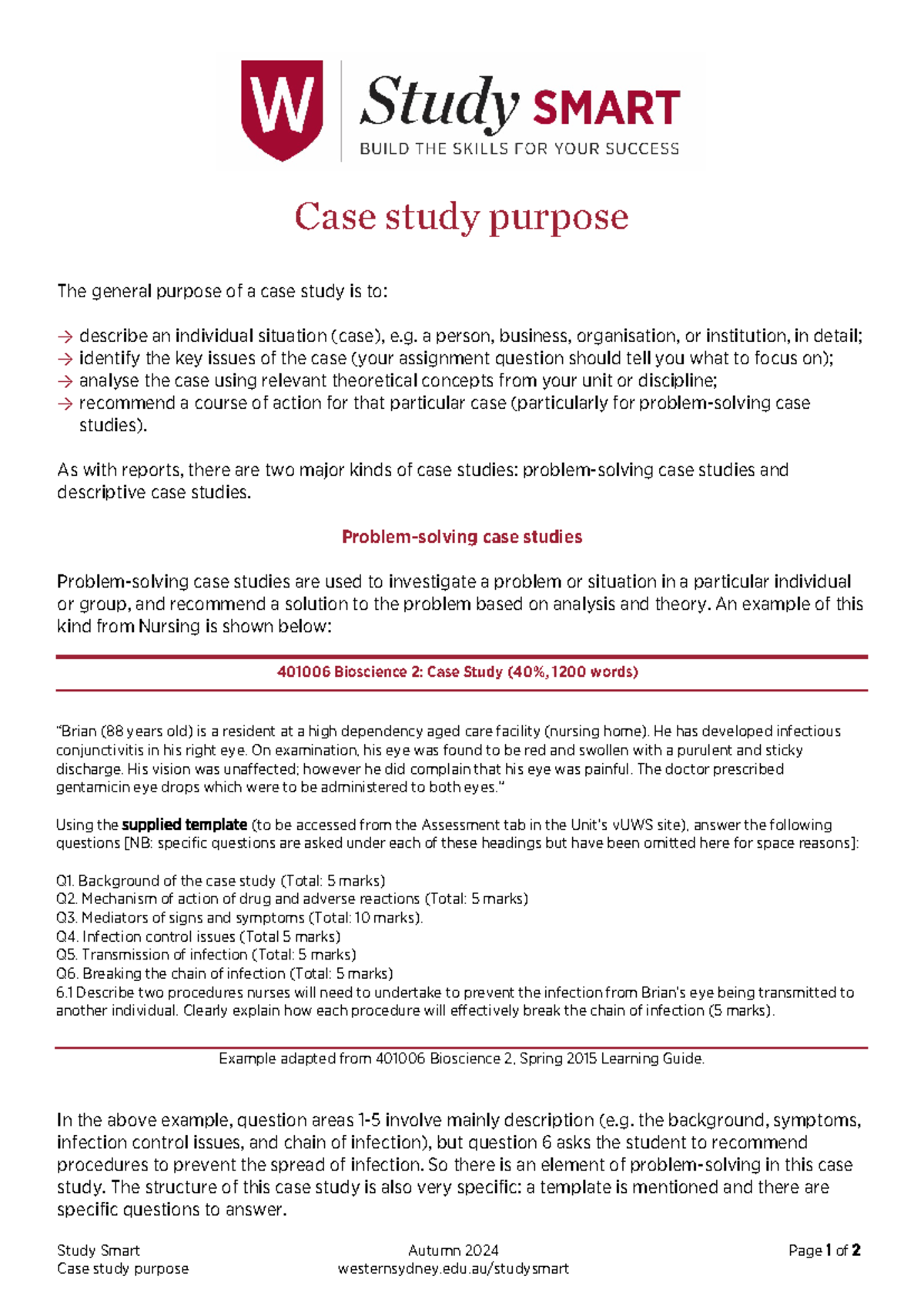 Case Study Purpose - Study Smart Autumn 2024 Page 1 of 2 Case study ...