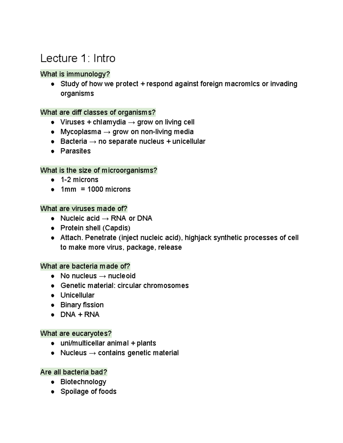 Immunology notes - Lecture 1: Intro What is immunology? Study of how we ...