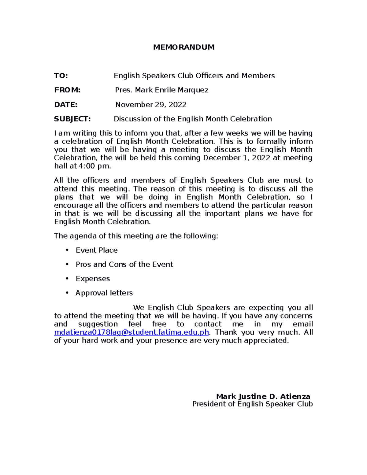 Mark Enrile Marquez memo - MEMORANDUM TO: English Speakers Club ...