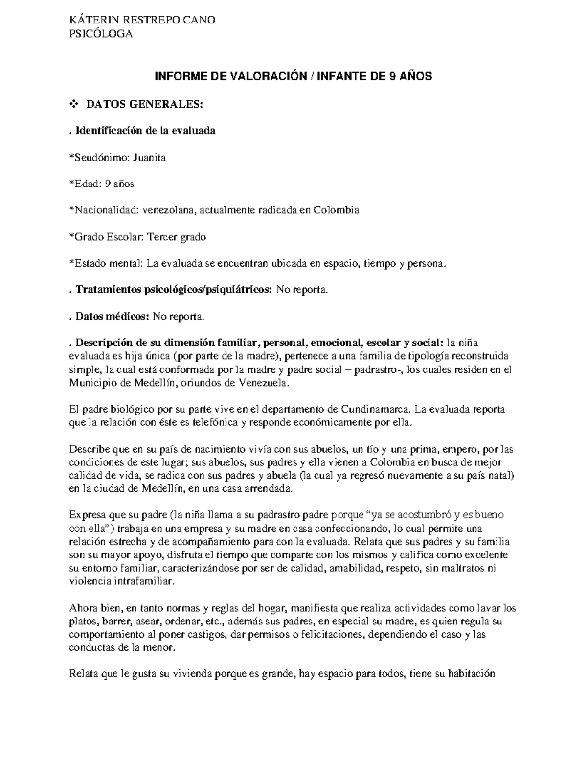 Ejemplo DE Informe DE Valoración CON Infante - Warning: TT: undefined function: 32 PSICÓLOGA ...