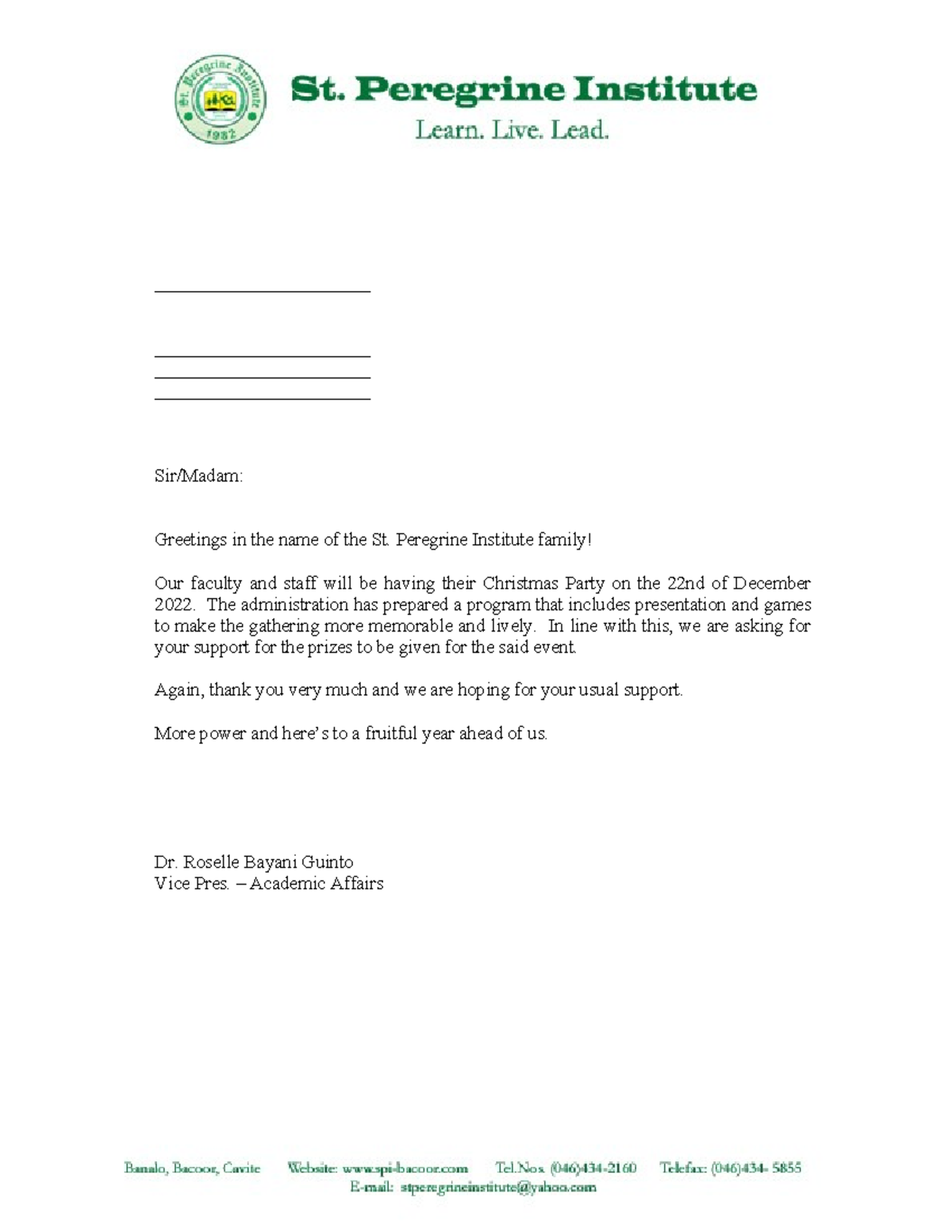 Solicitation letter christmas party ...