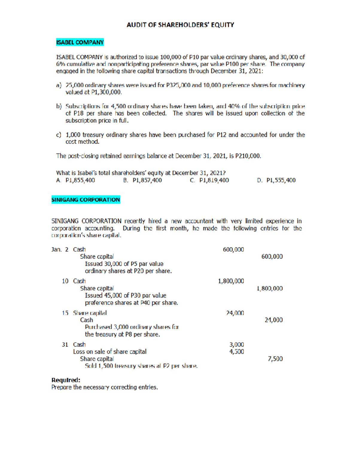 Audit of Shareholder's Equity - accounting - Studocu