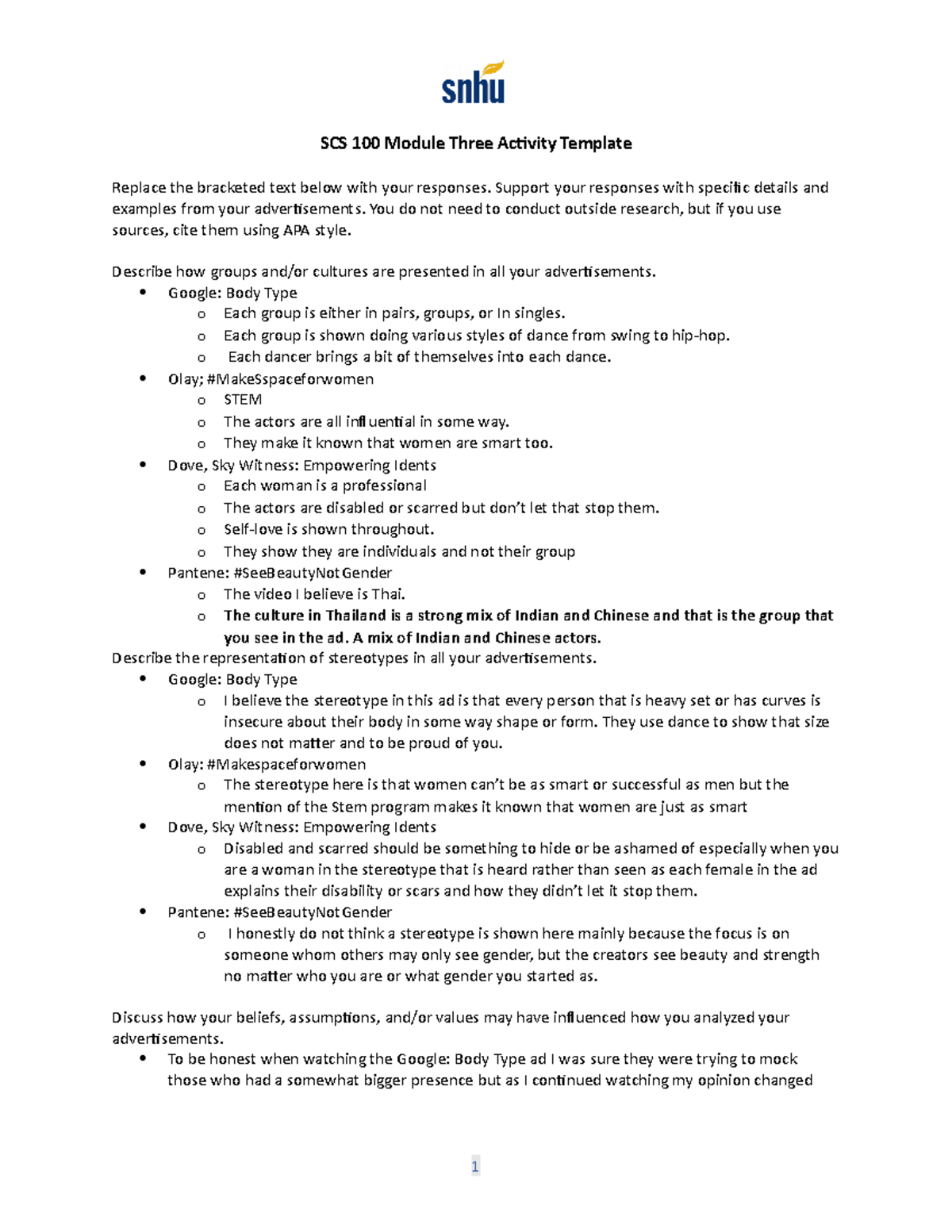 SCS100 Module 3 - SCS 100 Module Three Activity Template Replace the bracketed text below with ...