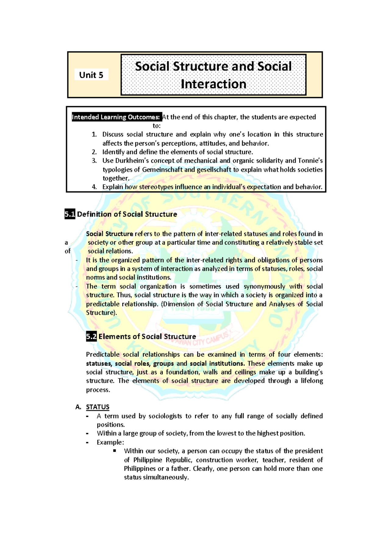 Soc Sci 1 Unit 5 - this is my module - Intended Learning Outcomes: At ...