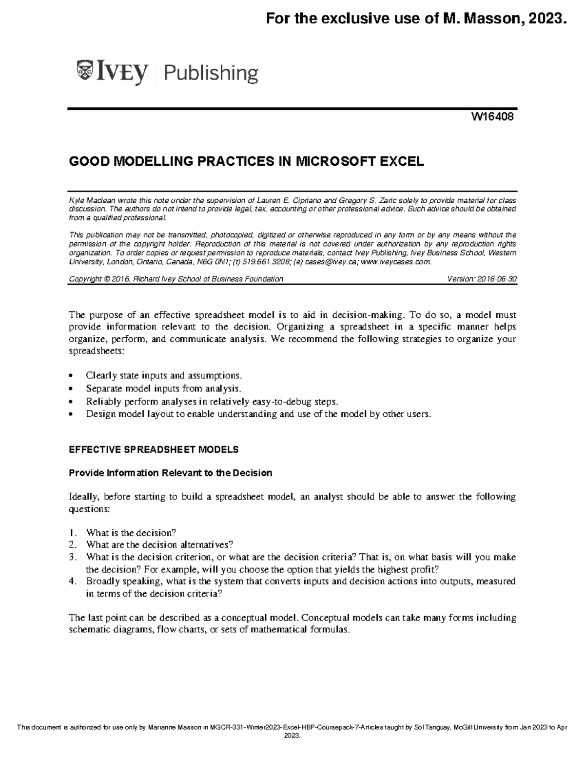 GOOD Modelling Practices IN Microsoft Excel - W GOOD MODELLING ...