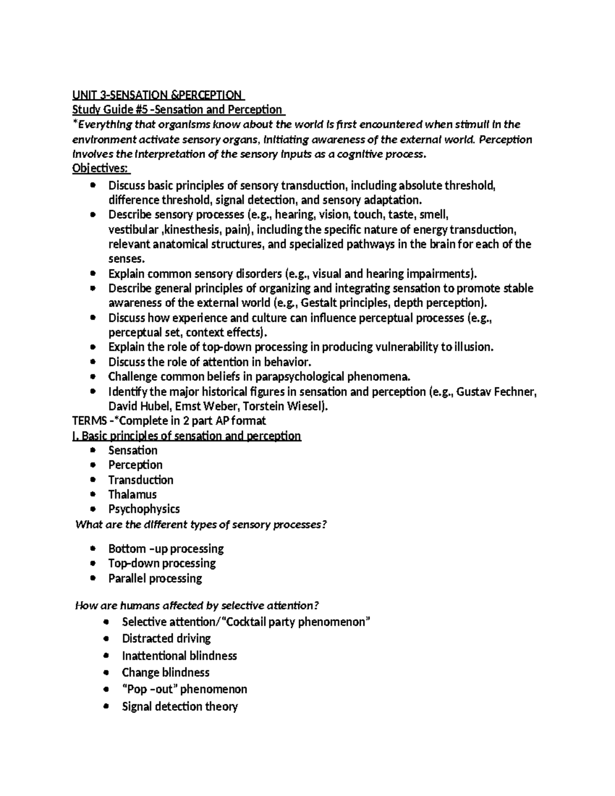 2021 unit 3 study guide S&P sensation and perception - UNIT 3-SENSATION ...