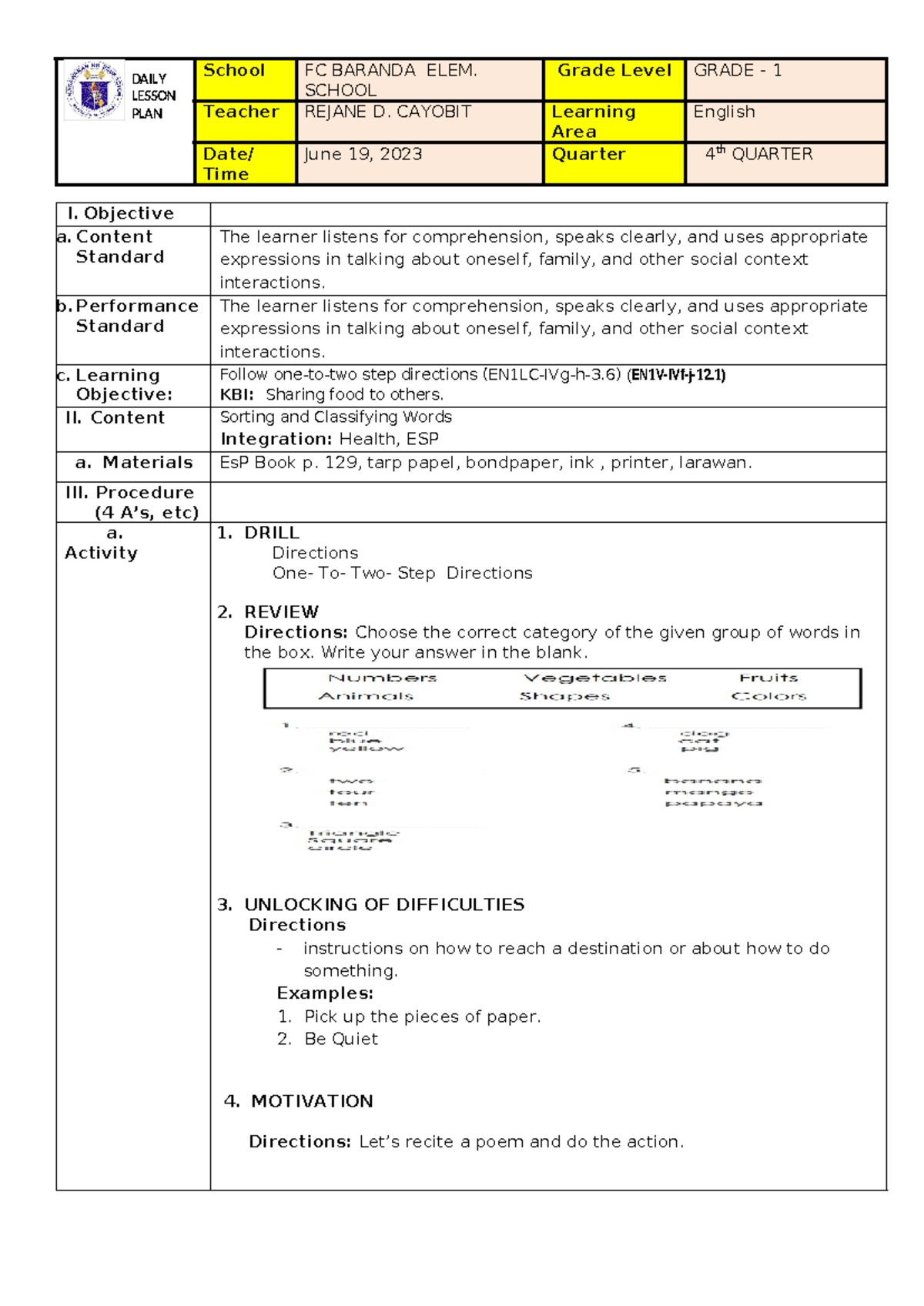 LP English- Grade 1- Week 1- June 19, 2023 - School FC BARANDA ELEM ...