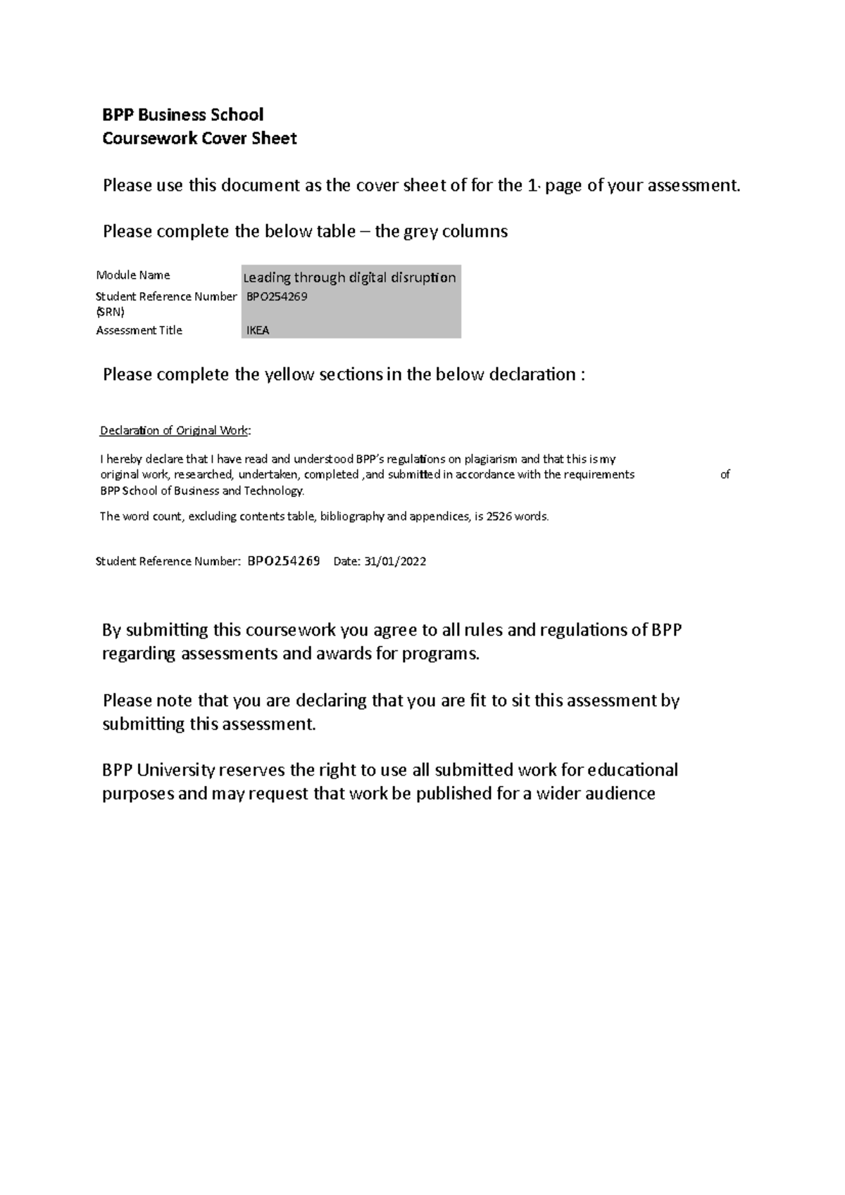 LDD Assignment - rtgyhjkm, - BPP Business School Coursework Cover Sheet ...