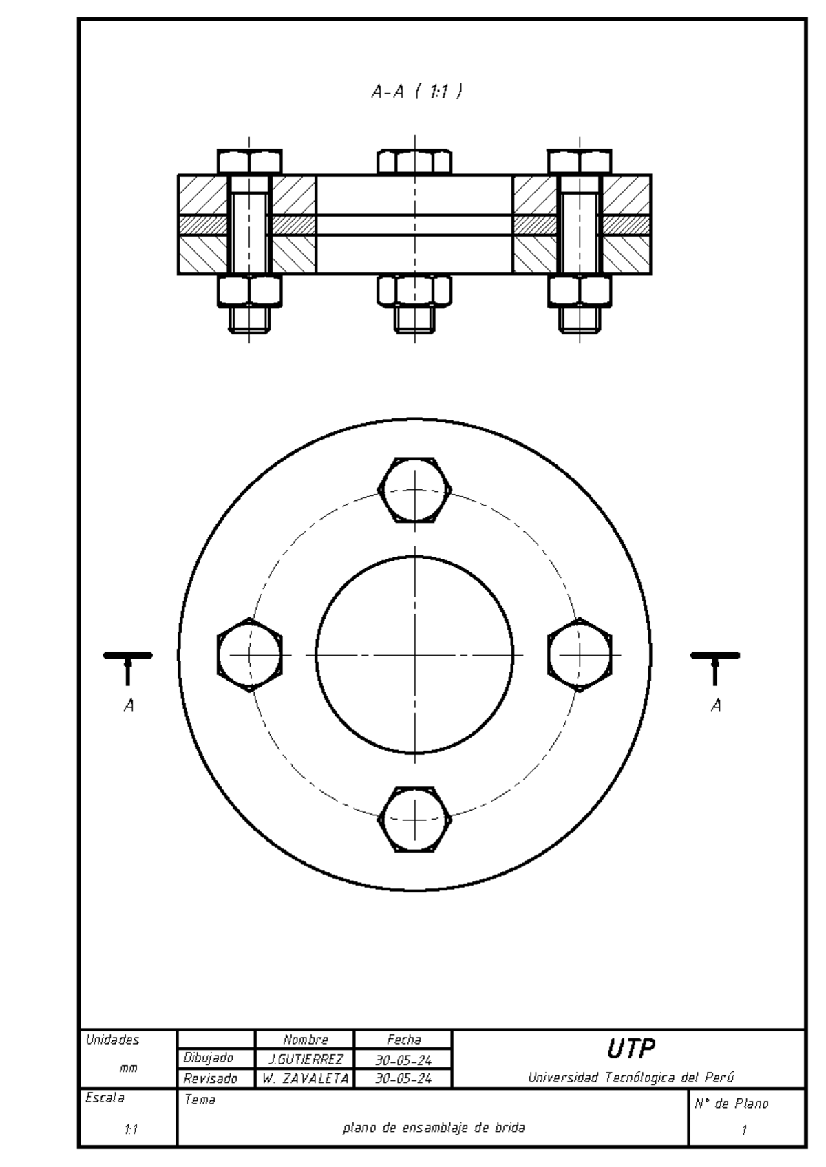 Ensamble brida - Dibujo CAD - A-A ( 1:1 ) Dibujado Revisado Unidades ...