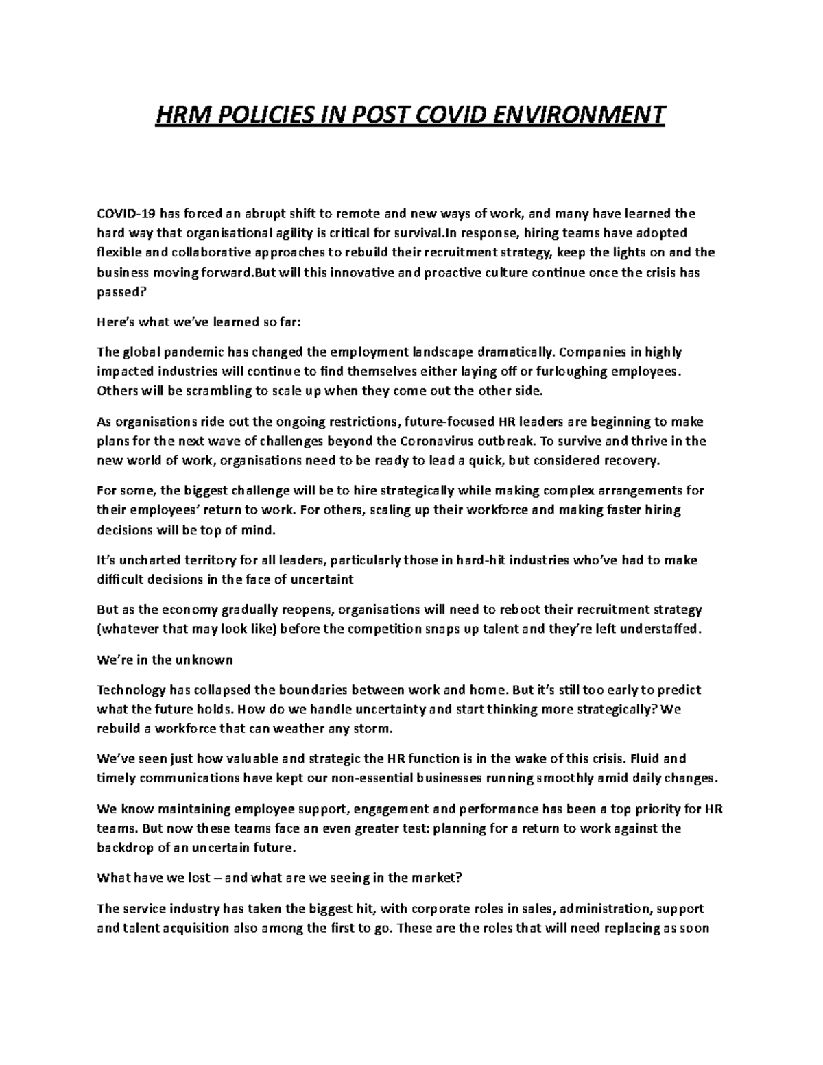 HRM- Policies - HRM POLICIES IN POST COVID ENVIRONMENT COVID-19 has ...
