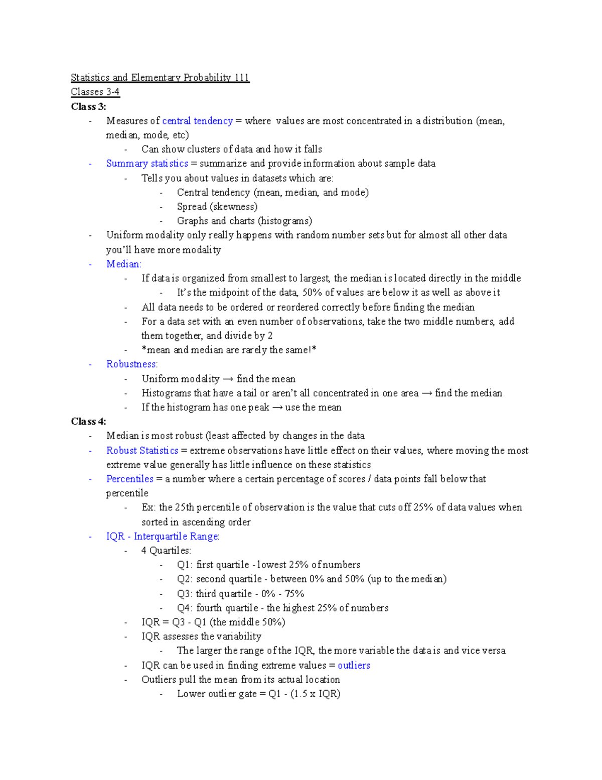 Stats 109 - classes 3-4 - Statistics and Elementary Probability 111 Classes 3- Class 3 ...