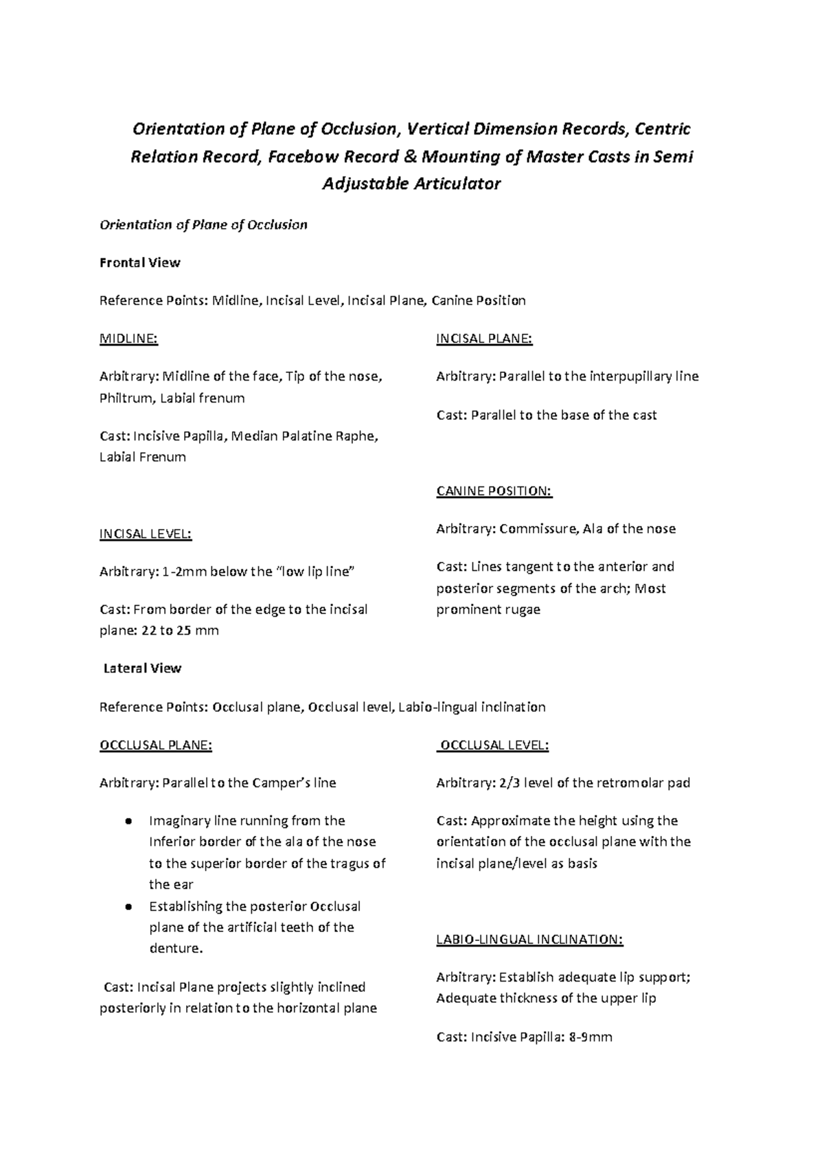 Orientation of Plane of Occlusion, Vertical Dimension Records, Centric ...