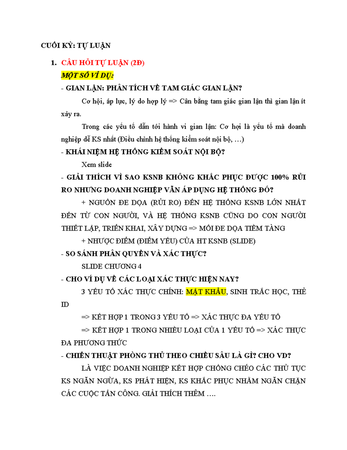Oncuoiky - ,jgkh - CUỐI KỲ: TỰ LUẬN 1. CÂU HỎI TỰ LUẬN (2Đ) MỘT SỐ VÍ ...