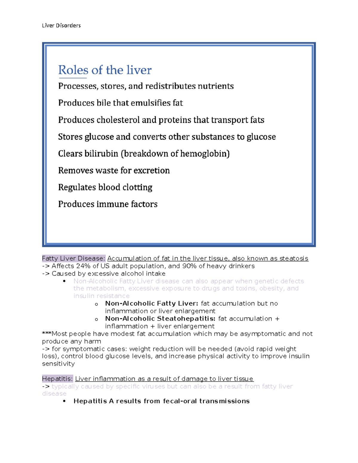 Liver Disorders Notes - Fatty Liver Disease: Accumulation of fat in the ...