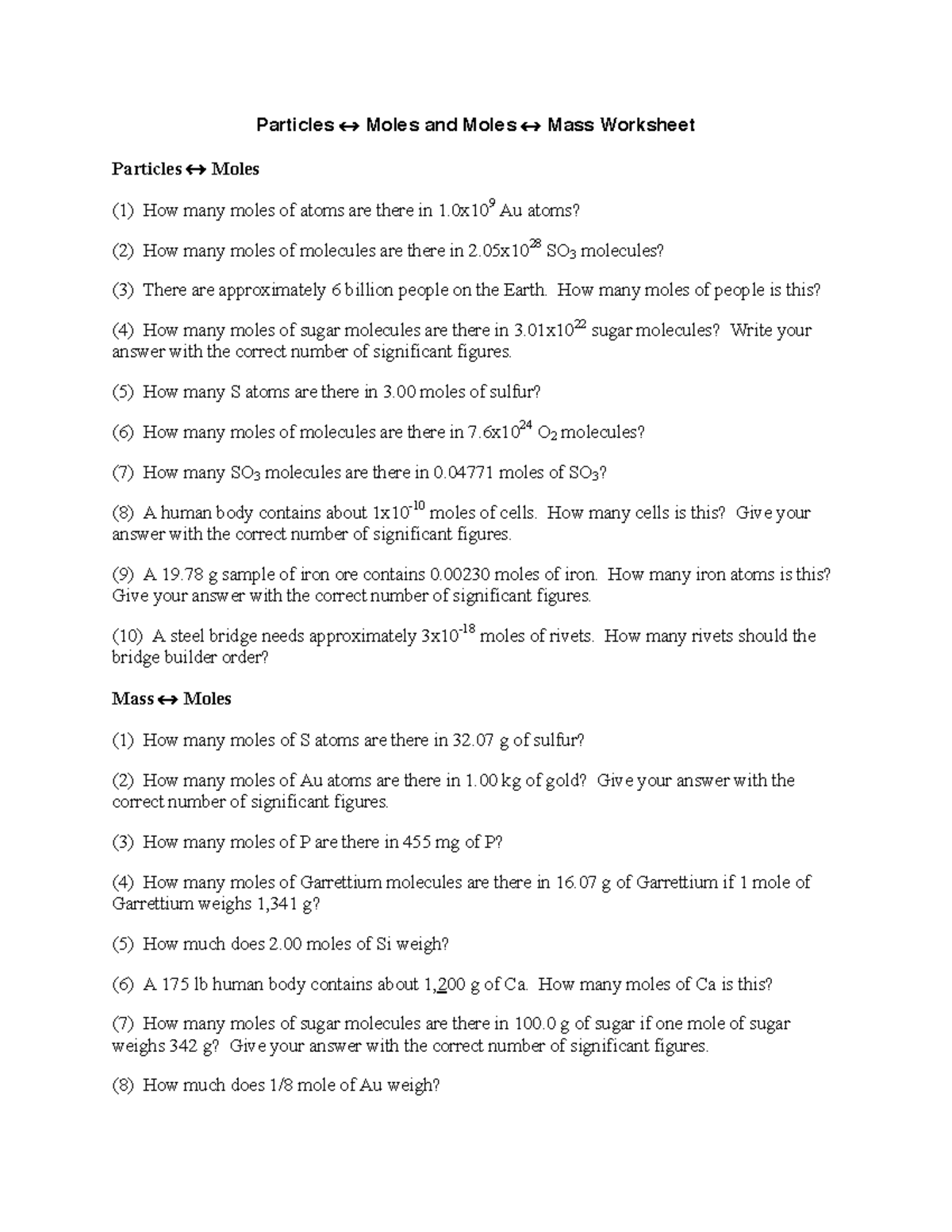 Particles Moles And Mass Worksheet 1 - Particles μ Moles and Moles μ ...