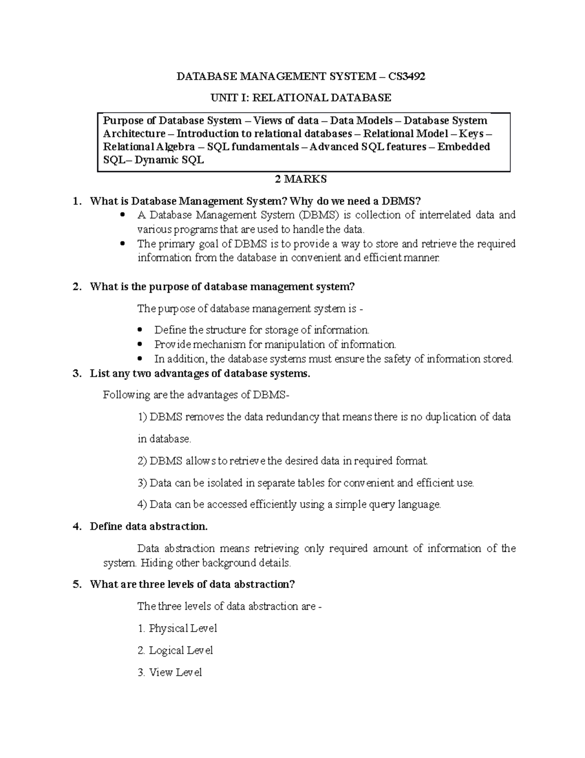 Dbms 2 Marks Database Management System Cs Unit I Relational Database Purpose Of Database
