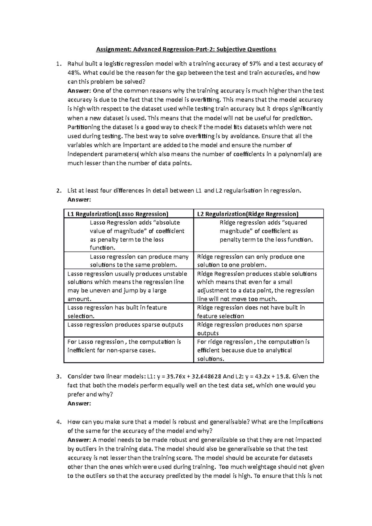 Subjective Questions - Advanced Regression - Assignment: Advanced Regression-Part-2: Subjective ...
