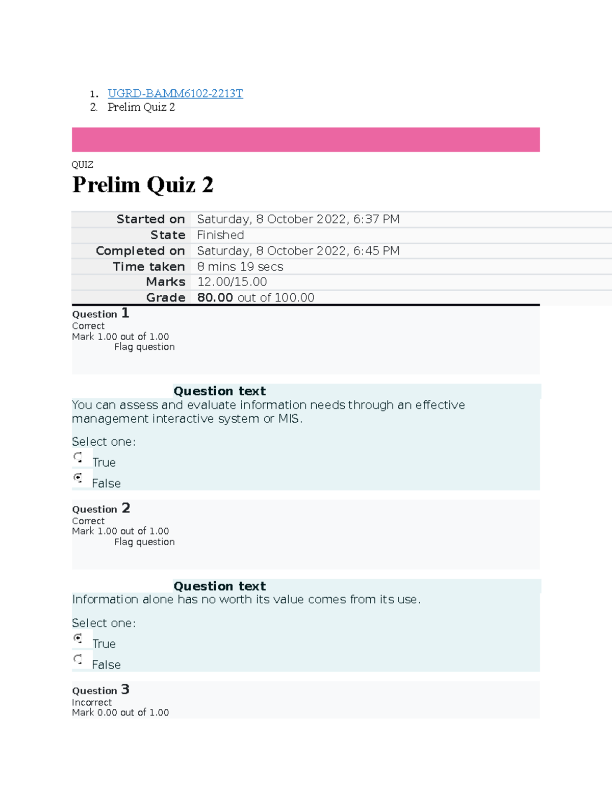 BAMM6102 prelim 2 - 1. UGRD-BAMM6102-2213T Prelim Quiz 2 QUIZ Prelim ...
