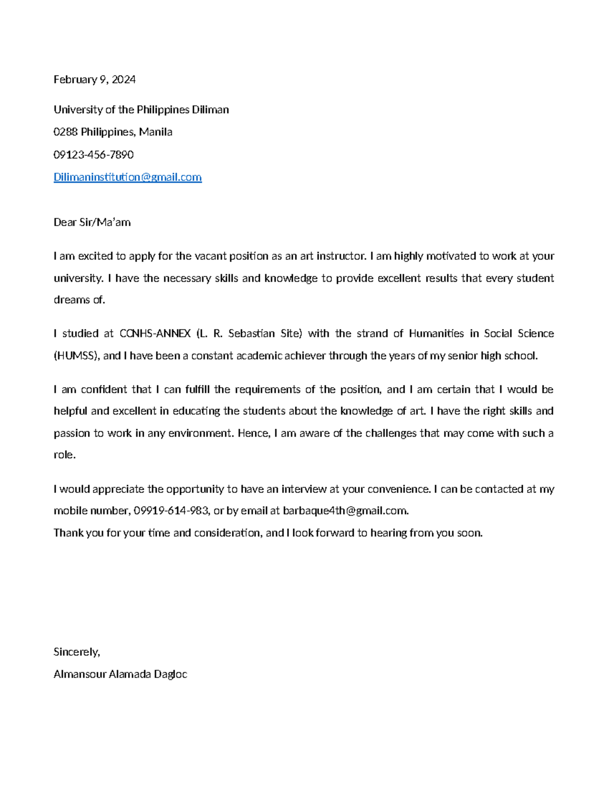 Application letter - Apply now - February 9, 2024 University of the ...