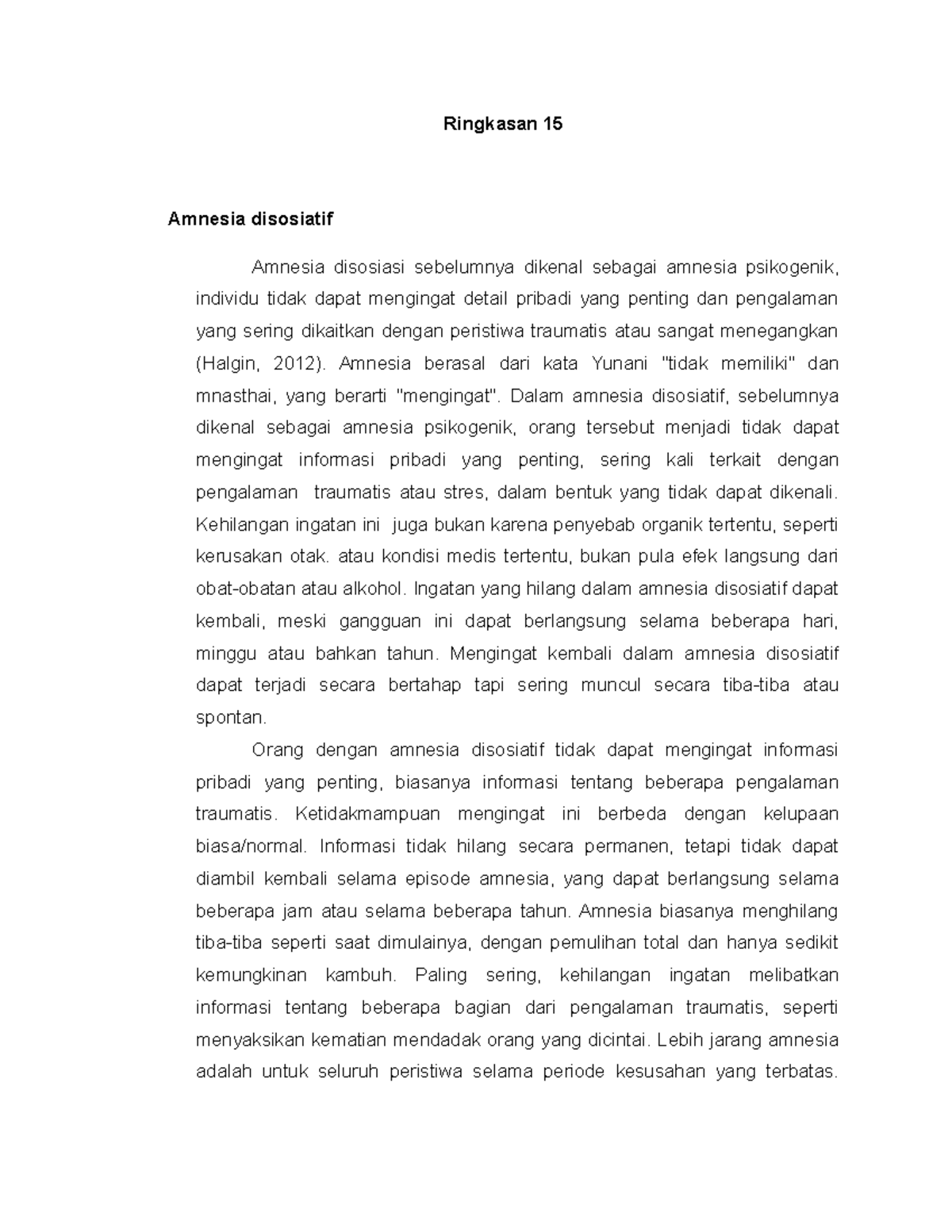 Ringkasan 14 - Ringkasan 15 Amnesia disosiatif Amnesia disosiasi ...