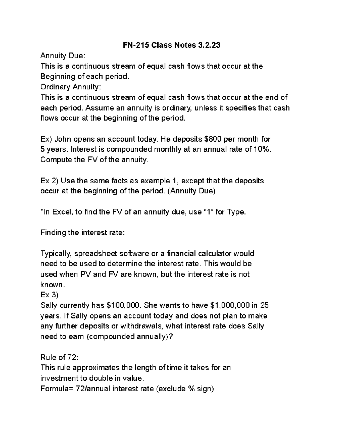 FN-215 Class Notes 3 2 23 - FN-215 Class Notes 3. Annuity Due: This is ...