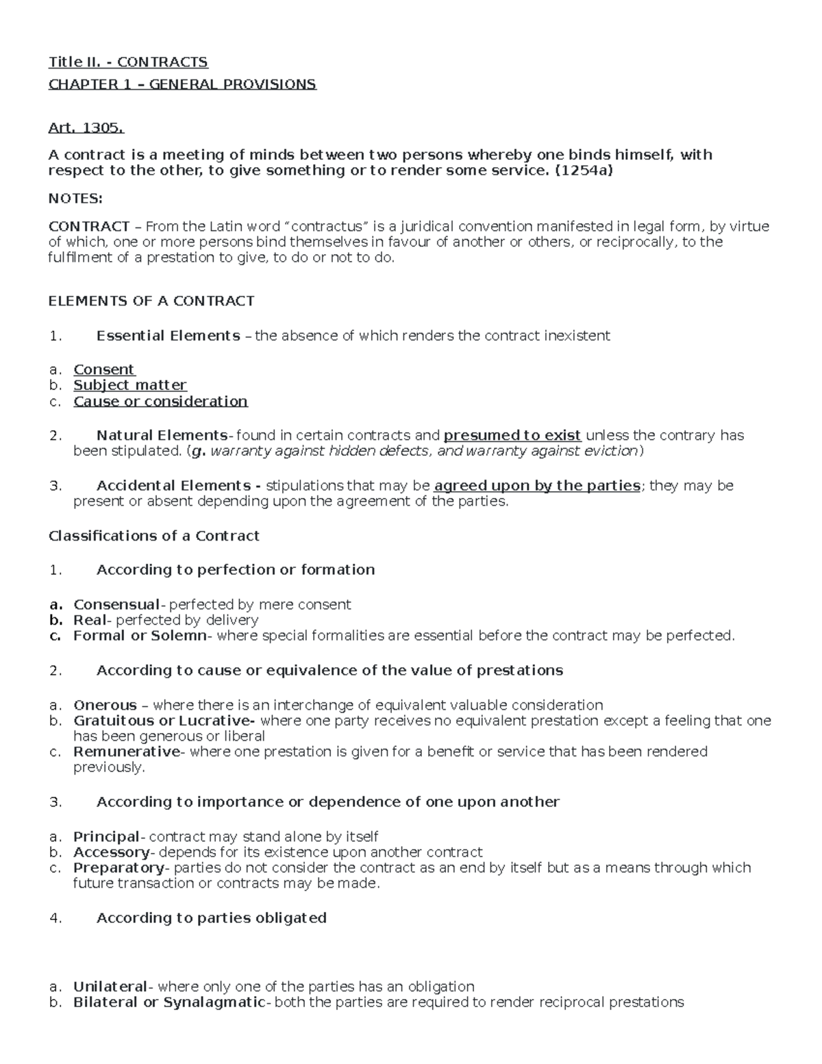 Contracts - good - Title II. - CONTRACTS CHAPTER 1 – GENERAL PROVISIONS Art. 1305. A contract is ...
