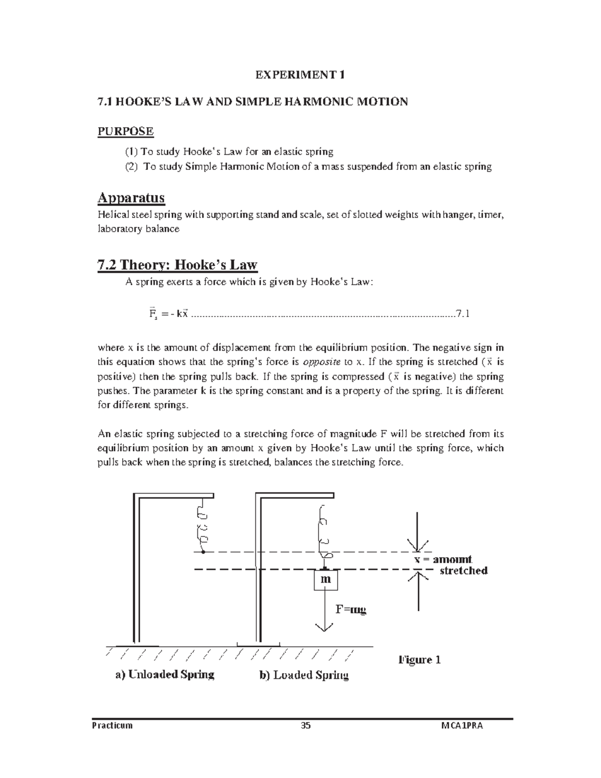 Practical study manual - ####### Practicum 35 MCA1PRA 7 HOOKE’S LAW AND ...