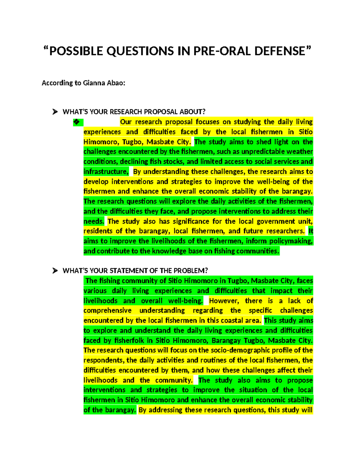 Possible Questions IN PRE ORAL Defense 2 - “POSSIBLE QUESTIONS IN PRE ...
