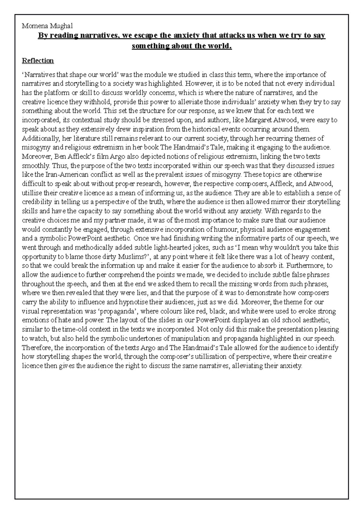 By reading narrative- english advanced year 11 assignment where we had ...