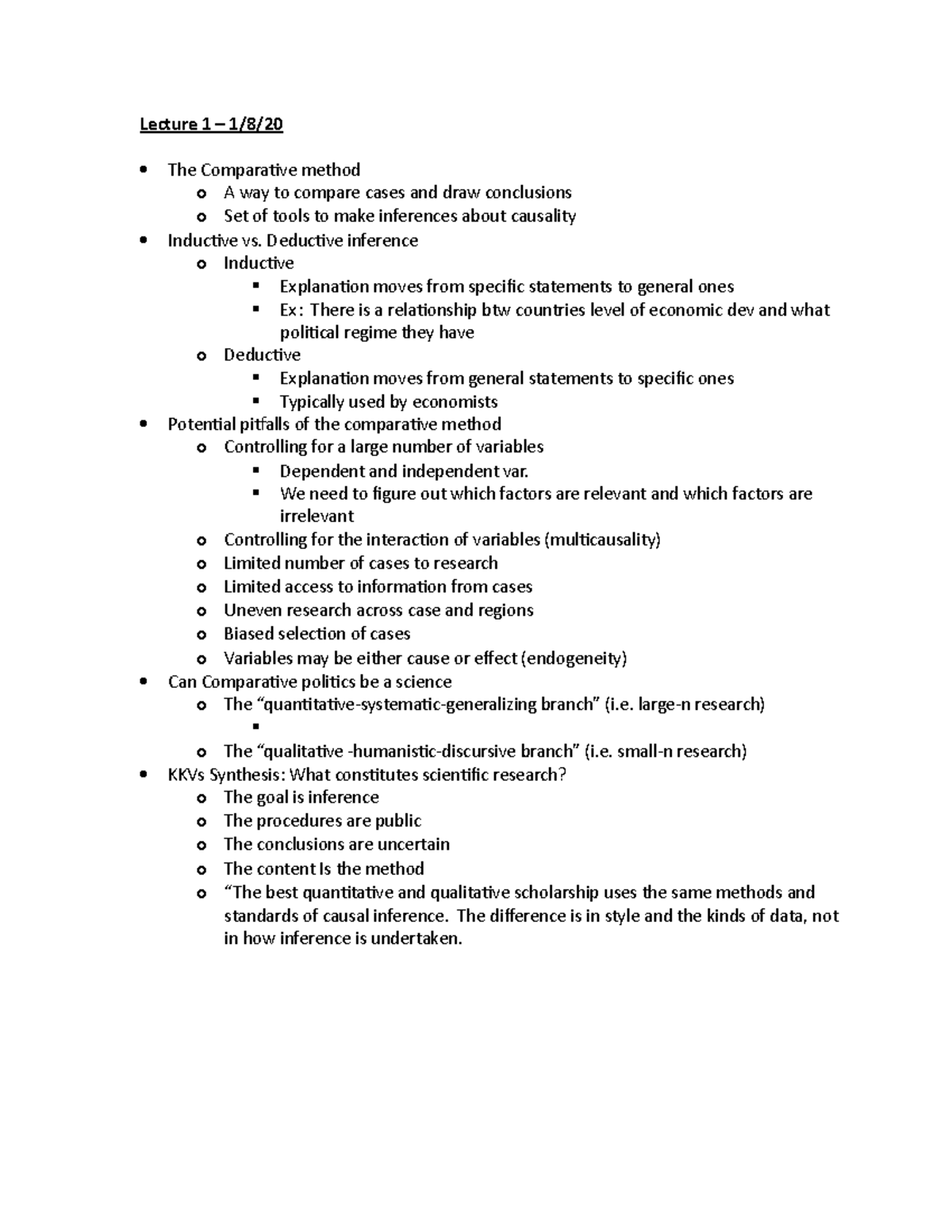 CPO2001 Lecture Notes - The Comparative method o A way to compare cases ...
