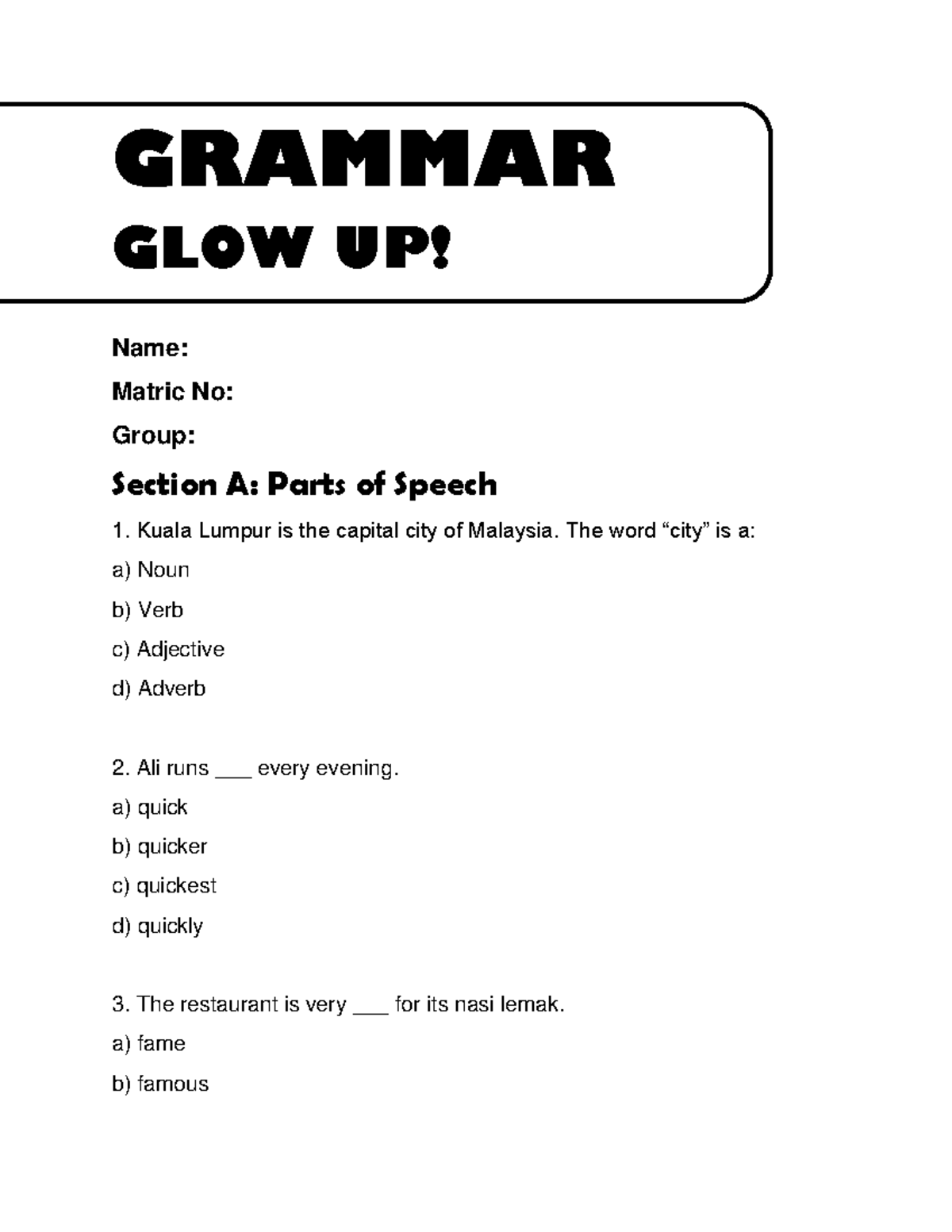 Grammar Glow Up Practice - GRAMMAR GLOW UP! Name: Matric No: Group ...