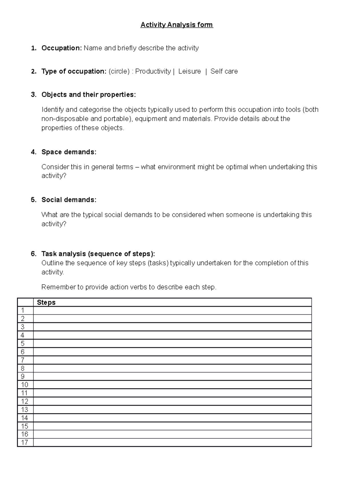 OTHY100 blank Activity Analysis Occupational performance Form ...