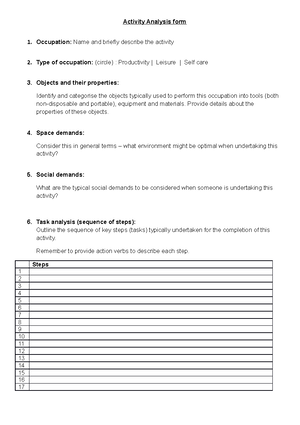 Making a bed activity analysis week 8 - Activity Analysis form 1 ...