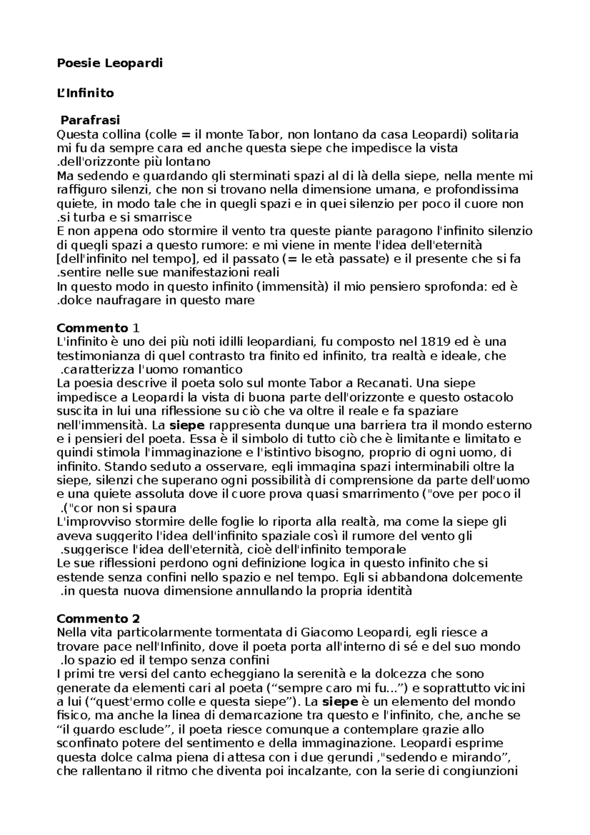 Poesie Leopardi - Poesie Leopardi L’Infinito Parafrasi Questa collina ...