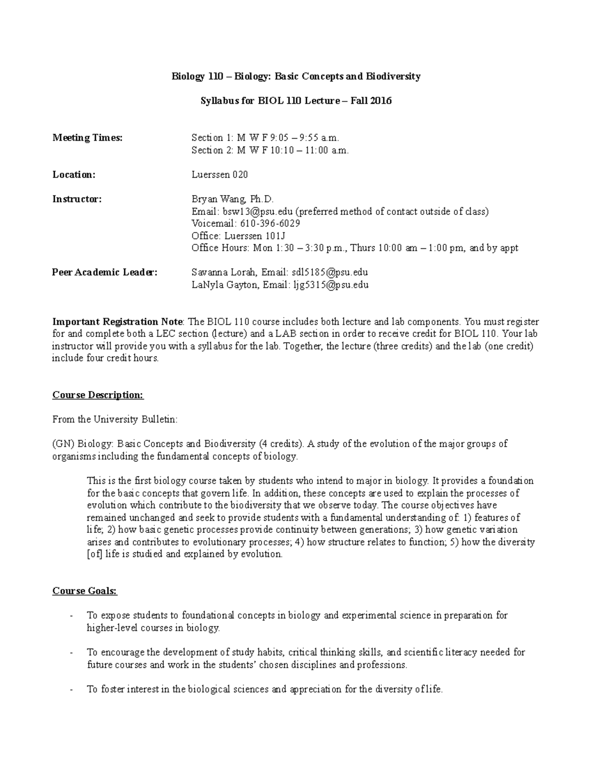 BIOL 110 Syllabus - Fall 2016 - Biology 110 – Biology: Basic Concepts ...