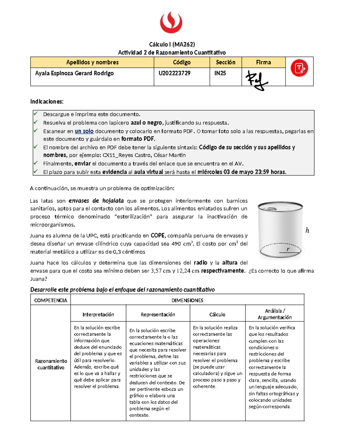 Cálculo 1 documentooooo - Cálculo I (MA262) Actividad 2 de Razonamiento ...